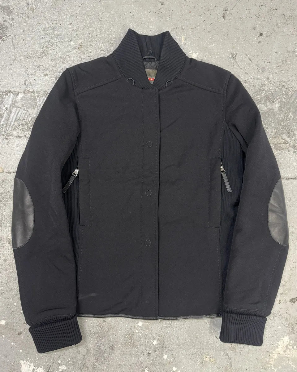 2000s Prada Linea Rossa Nylon Black Jacket with Leather Elbow Patches ...