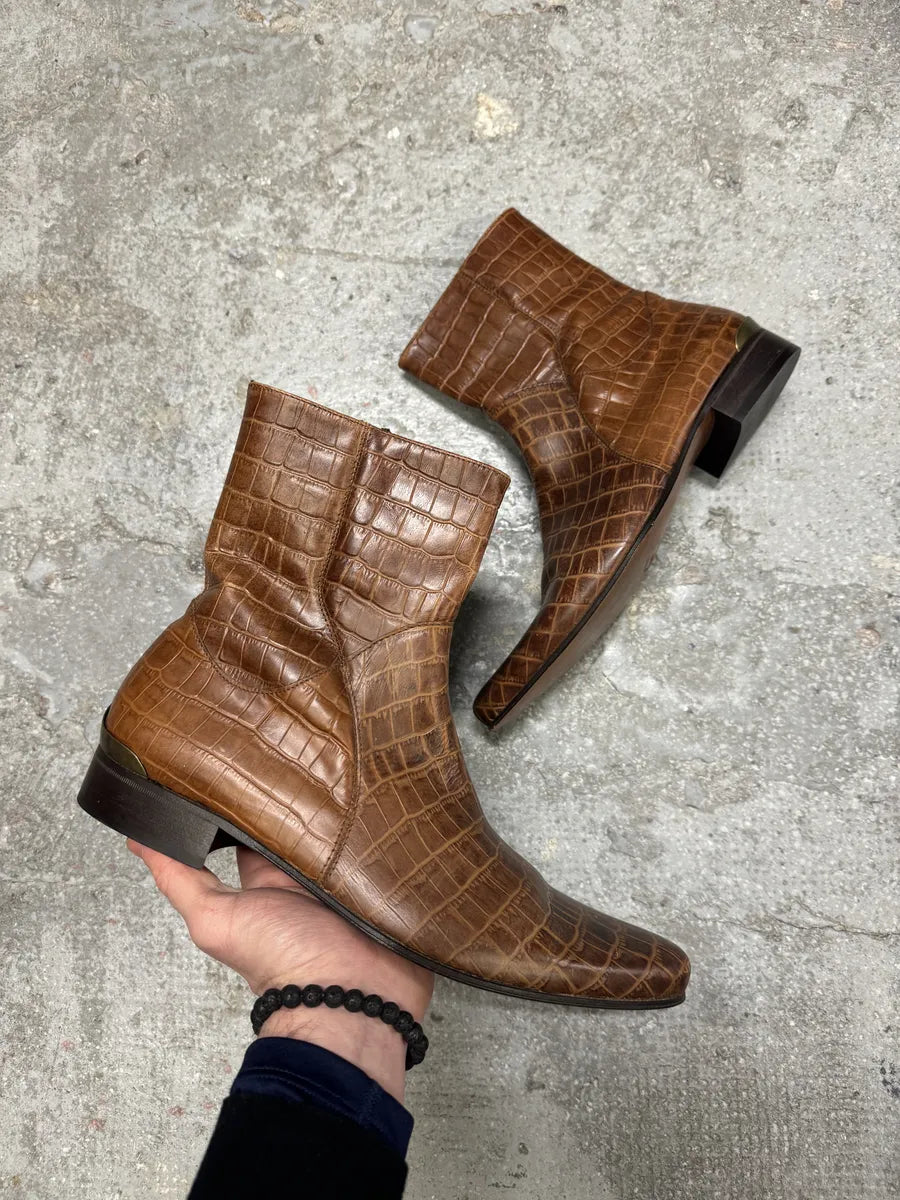 Roberto Cavalli Brown Embossed Crocodile Leather Boots (41eu/us8 ...